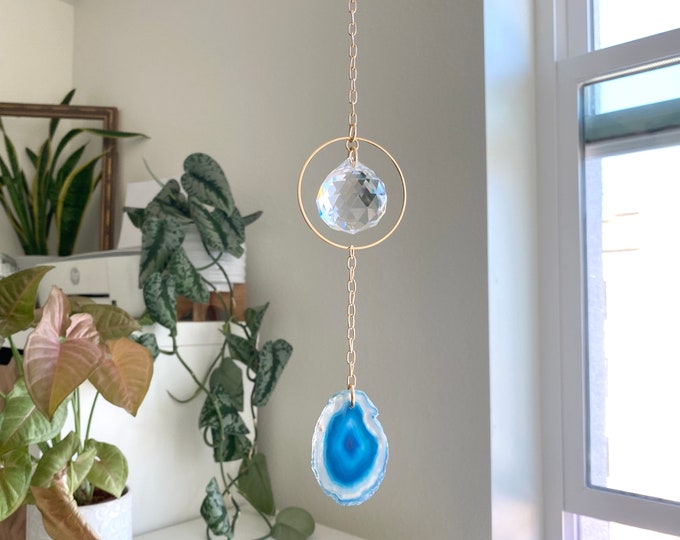 Blue Small Agate Crystal Suncatcher gold, Rainbow Maker, Boys Nursery ...