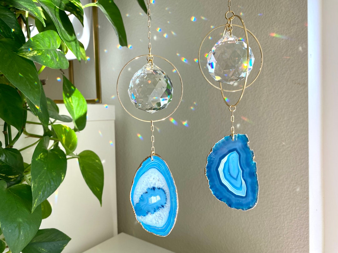 Blue Agate Crystal Suncatcher (large, Gold Trim), Rainbow Maker, Window ...