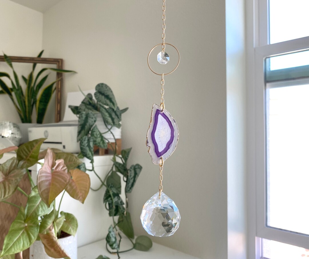 Purple Agate Crystal Suncatcher: 18k Gold Rainbow Maker - Etsy