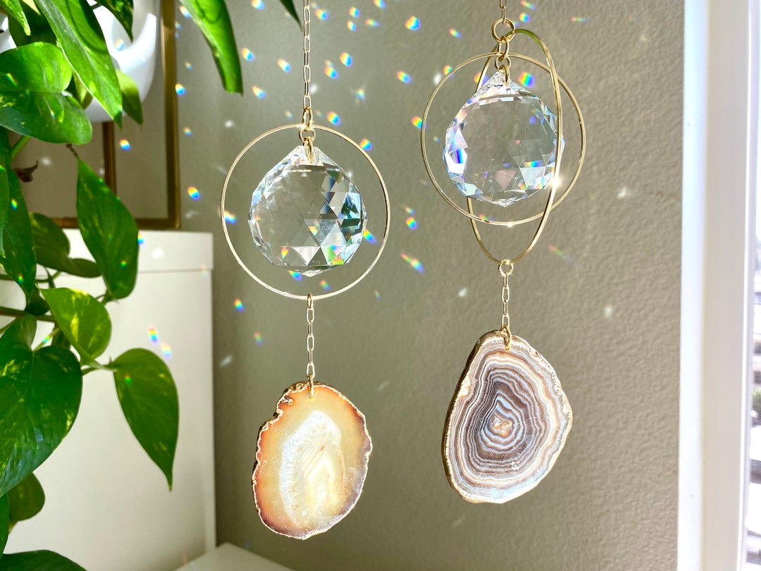Large Natural Agate Crystal Suncatcher: Gold Trim Rainbow Maker, Home ...