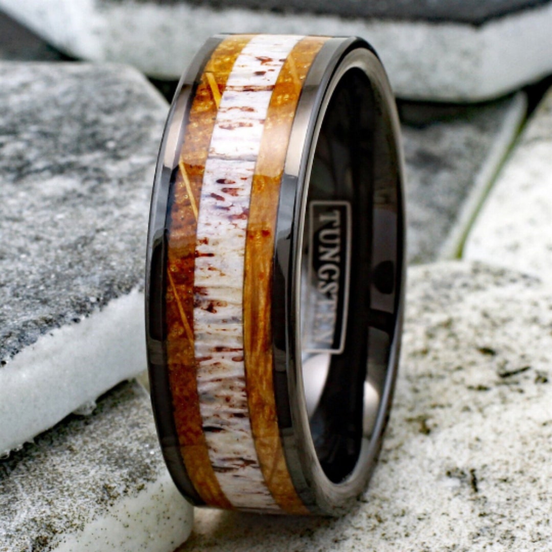 Deer Antler Whiskey Barrel Ring Wooden Couples Nature Rings Wedding ...