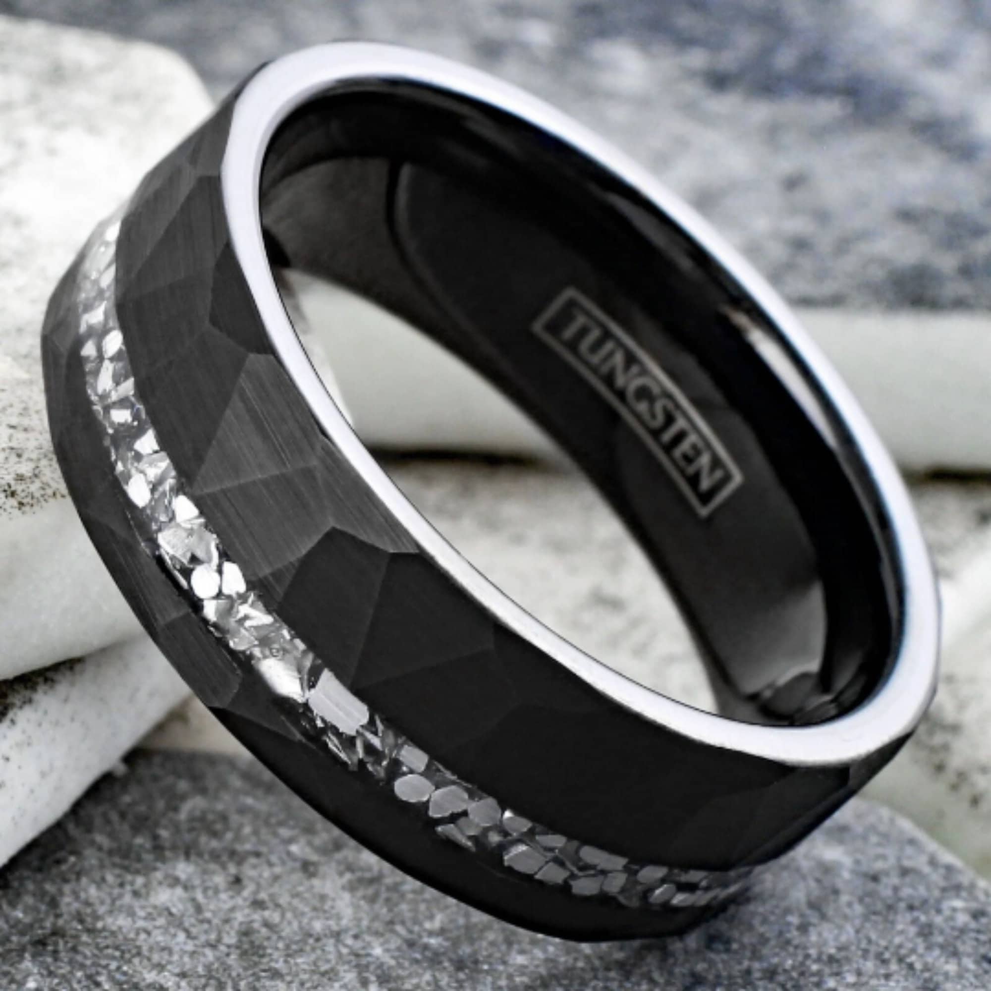 Mens Tungsten Meteorite Ring, Meteorite Wedding Band, Hammered Tungsten ...