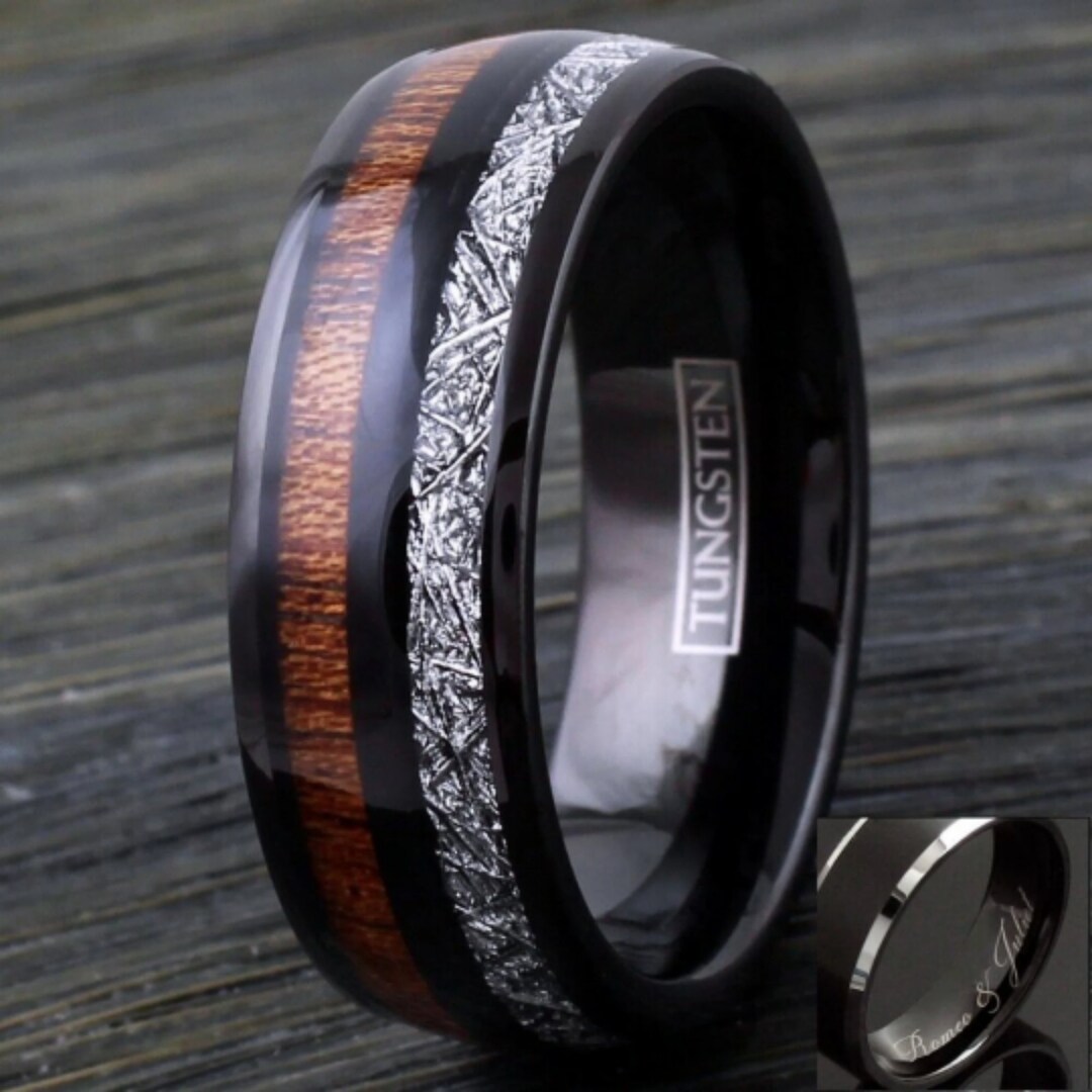 Black Tungsten Wood & Meteorite Wedding Band Ring-engraving Avail ...