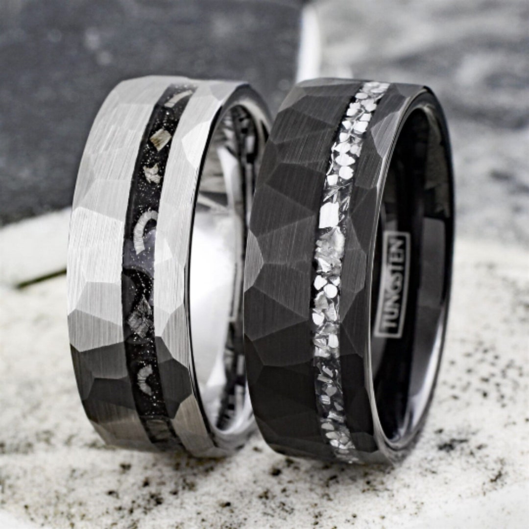 Mens Tungsten Meteorite Ring, Meteorite Wedding Band, Hammered Tungsten ...