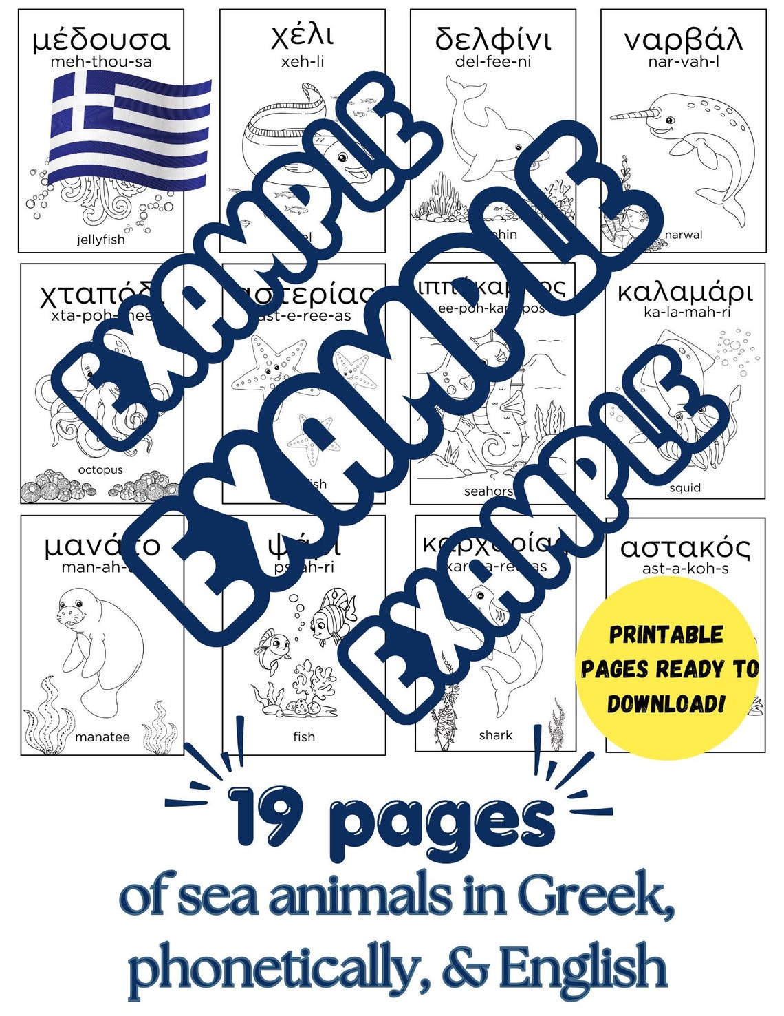 Sea Animals in Greek, Phonetical, and English, Greek Coloring Books ...