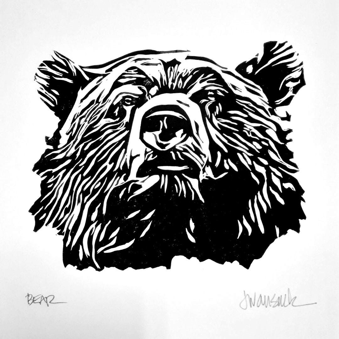 Bear Lino Print - Linocut Linoleum Wildlife Woodland Original Art ...