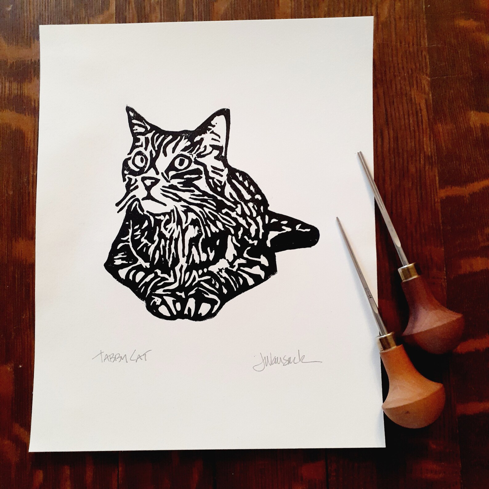 Handprinted Tabby Cat Lino Print Linocut Linoleum Kitty | Etsy
