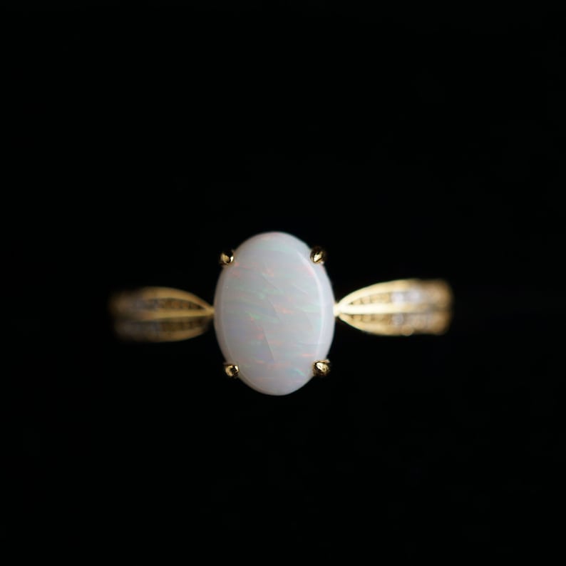 White Solid Real Australian Opal Ring in 18k Gold Vermeil Over 925 ...