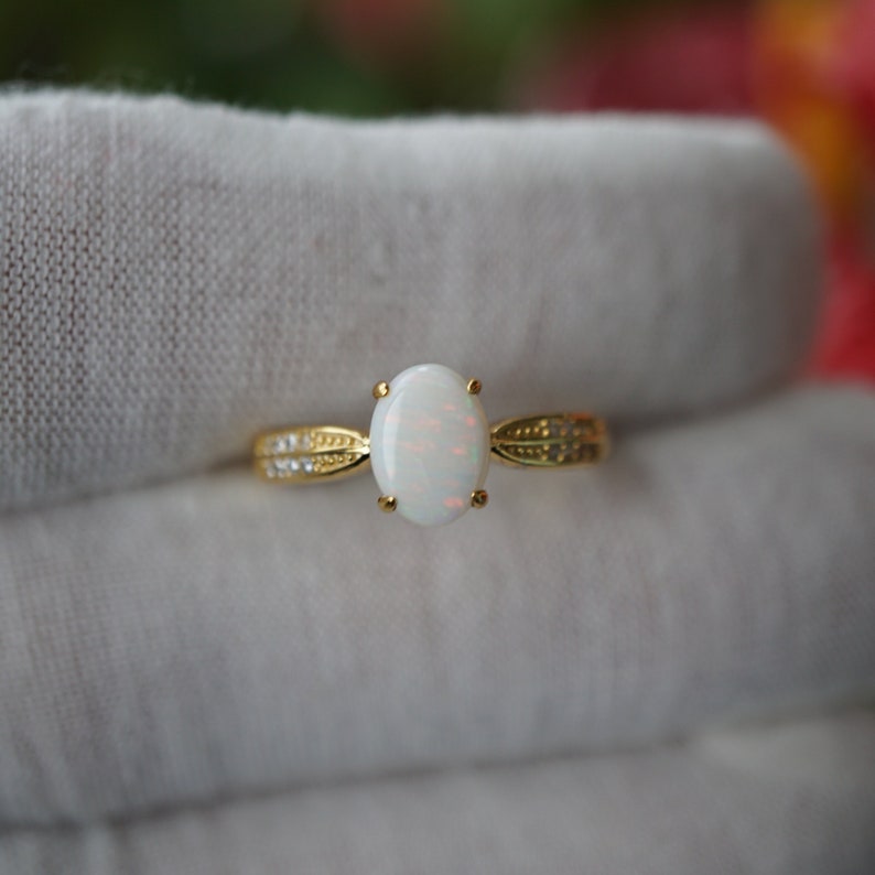 White Solid Real Australian Opal Ring in 18k Gold Vermeil Over 925 ...