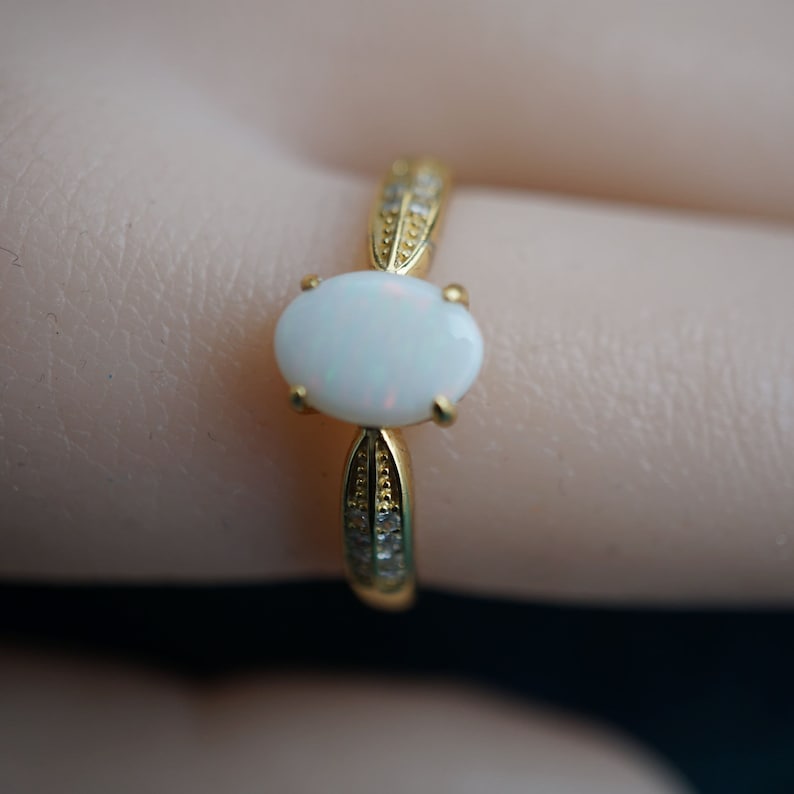 White Solid Real Australian Opal Ring in 18k Gold Vermeil Over 925 ...
