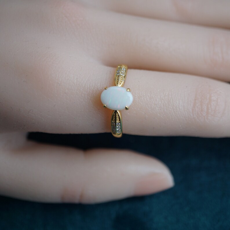 White Solid Real Australian Opal Ring in 18k Gold Vermeil Over 925 ...