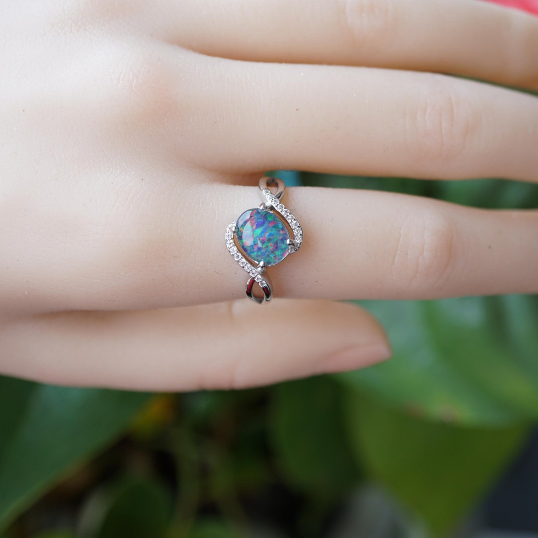 Natural Australian Opal Ring, 7x9mm Rainbow Opal in Genuine Sterling ...