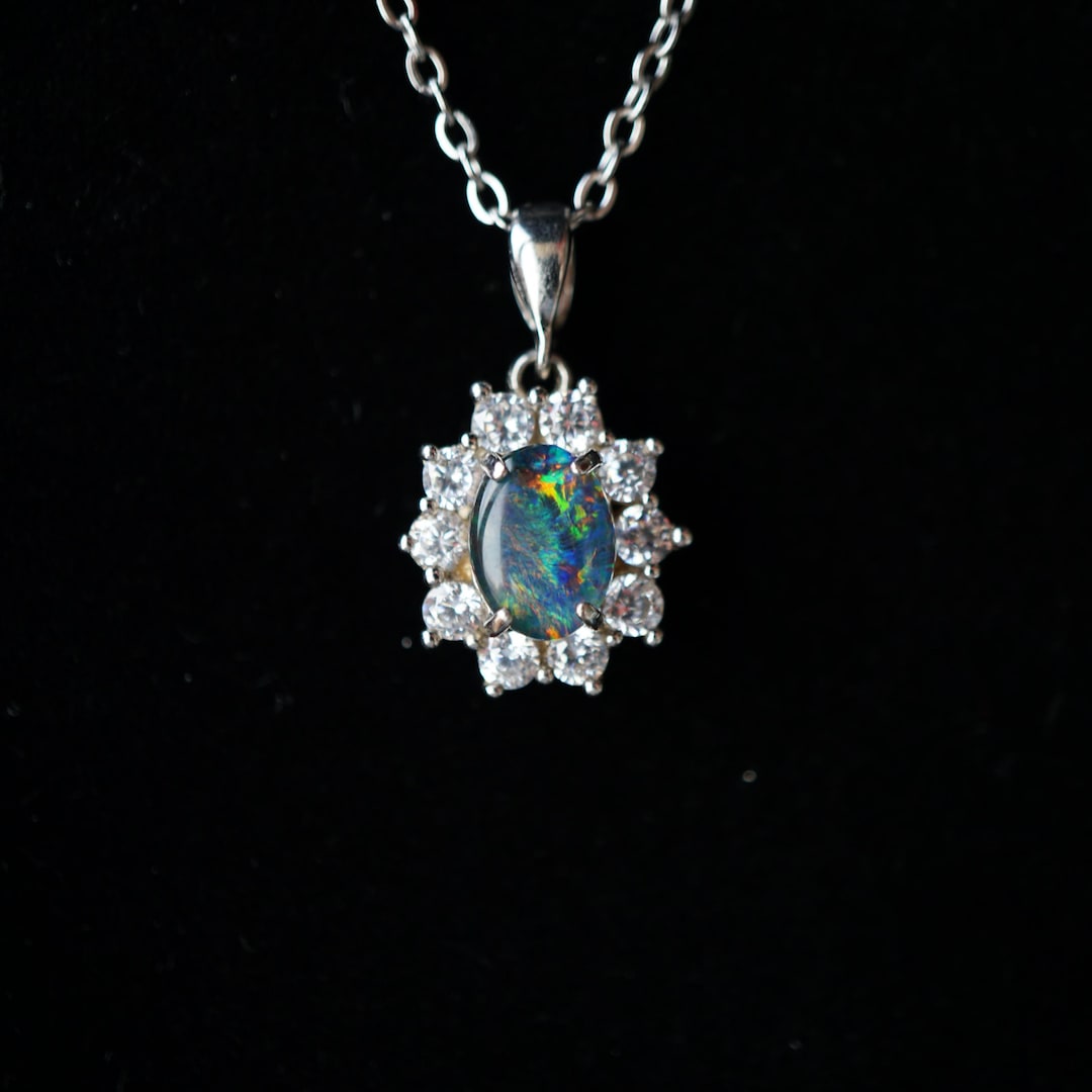 Dainty Halo Australian Triplet Opal Pendant Necklace, Sterling Silver ...