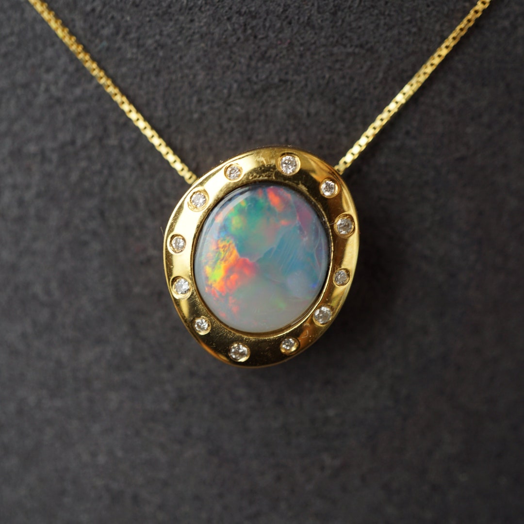 14K Solid Gold Australian Black Opal Pendant With Diamonds, Genuine ...