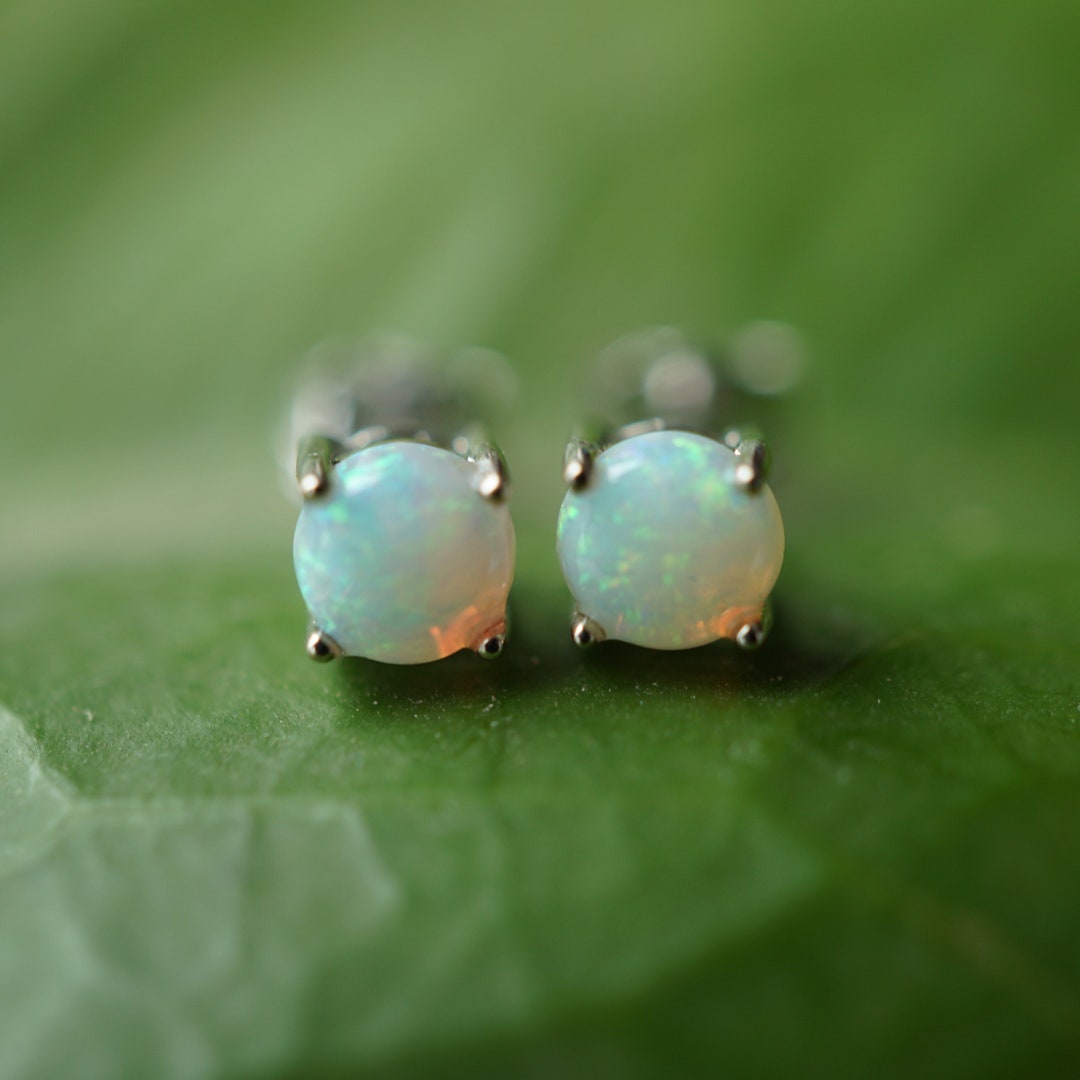 18k White Gold 4mm Round Genuine Crystal Opal Earring Studs, Natural Australian Opal Earrings ...