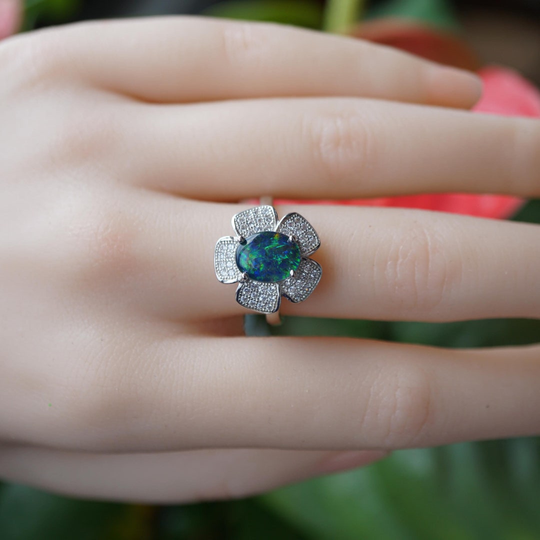 Flower Style Australian Opal Ring, 7x9mm Natural Rainbow Opal in ...