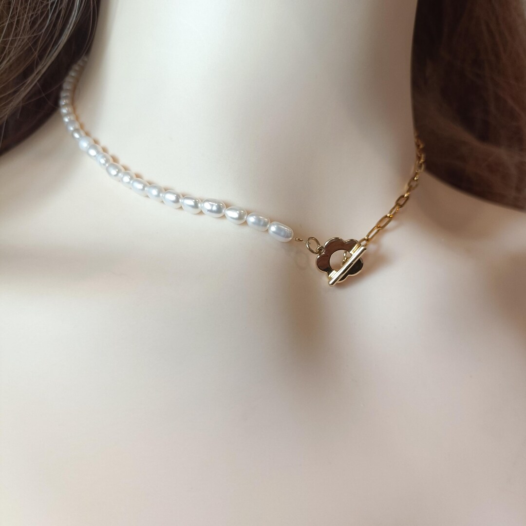 Half Pearl Chain Necklace, Freshwater Pearl Necklace With Chain, Pearl ...