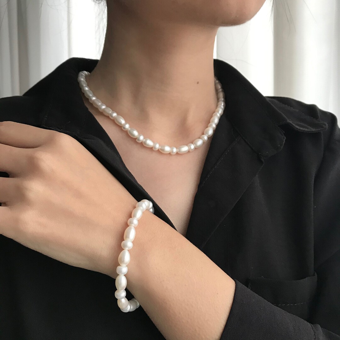 Rice Pearl Necklace Set, Necklace and Bracelet - Etsy