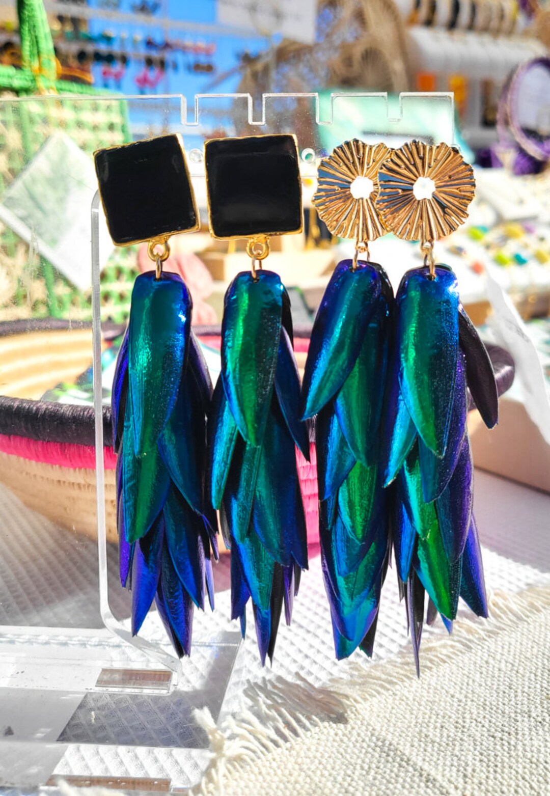Full Beetle Wing Earrings - Black Enamel Square Top - Etsy