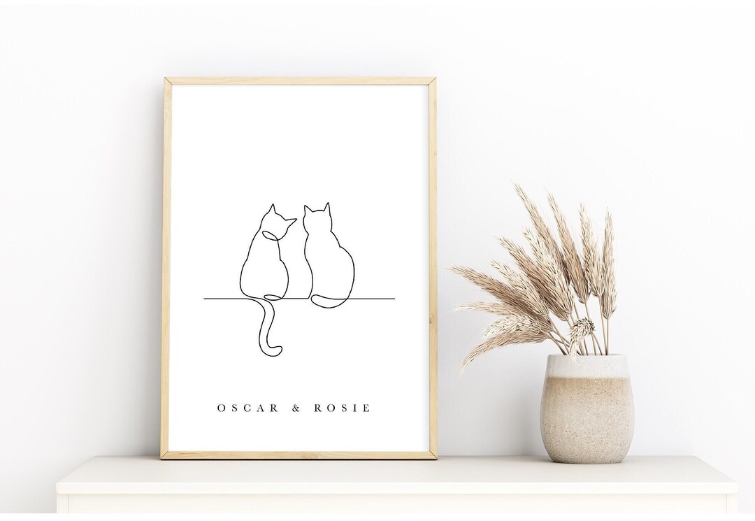 2 Cat Owner Wall Art, 2 Cats Line Drawing Print, Cat Wall Art ...