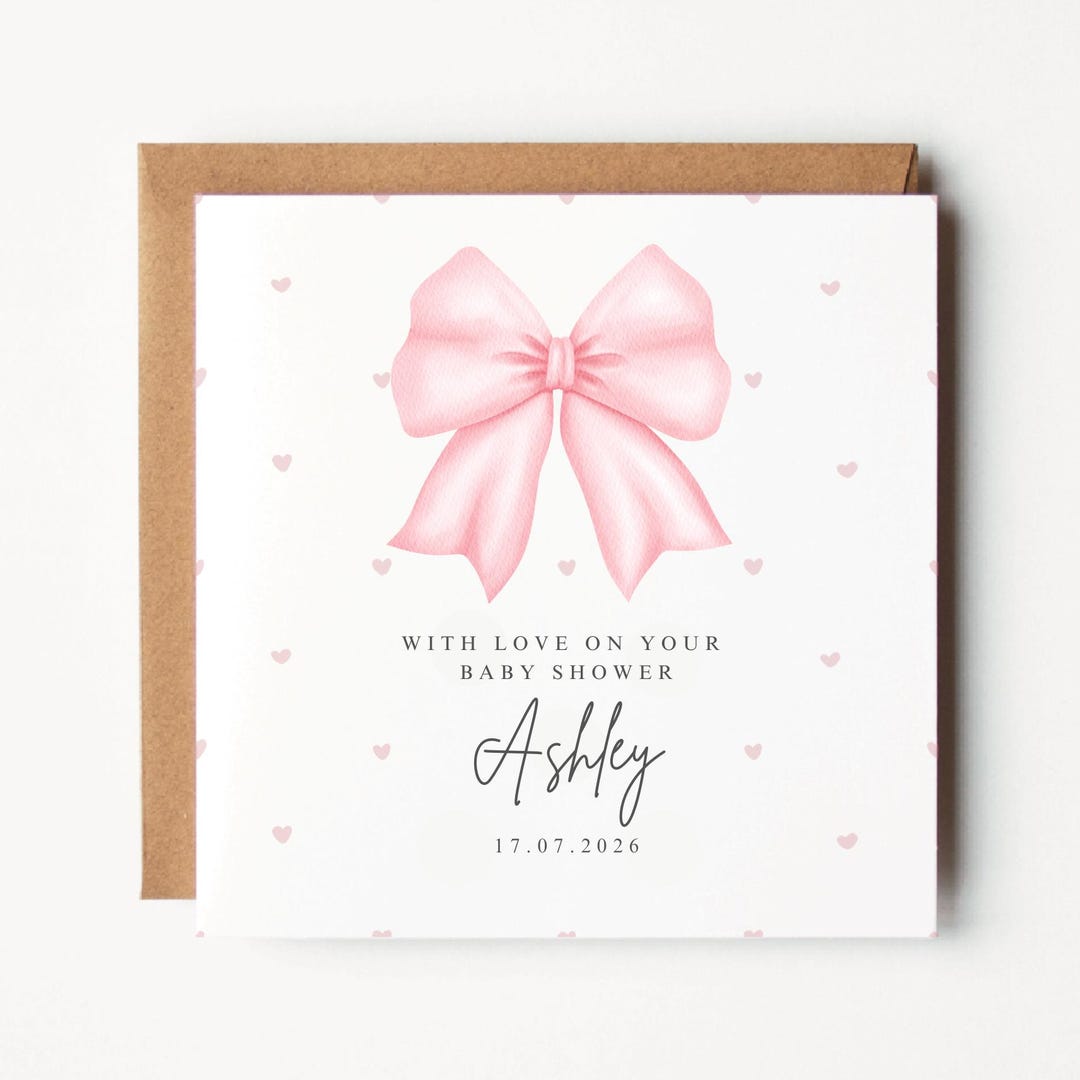 Personalised Baby Shower Card, Pink Bow Baby Shower Card, Custom Baby ...