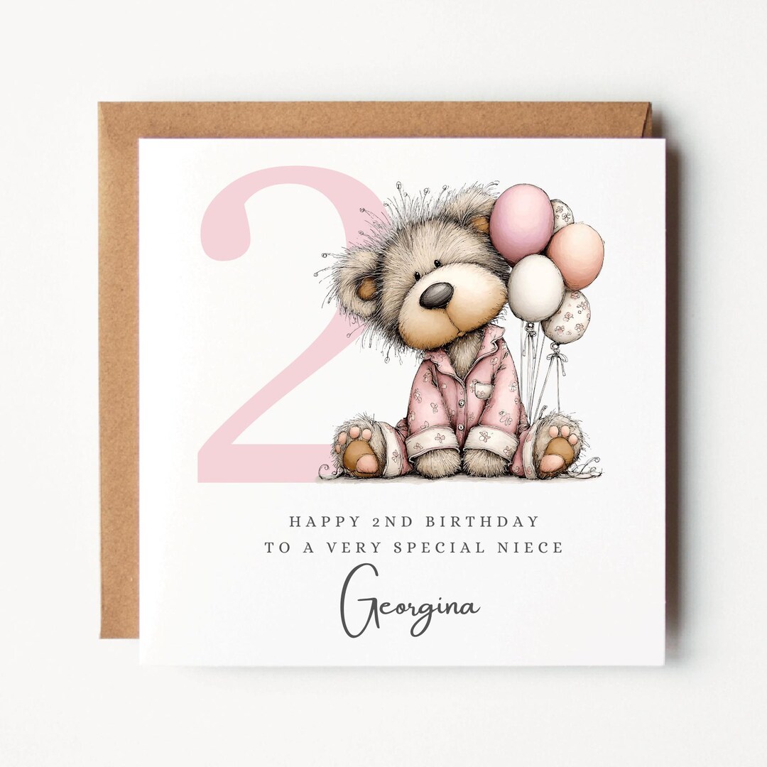 Personalised 2nd Birthday Card Girl, Teddy Bear Birthday Card Age 2 ...