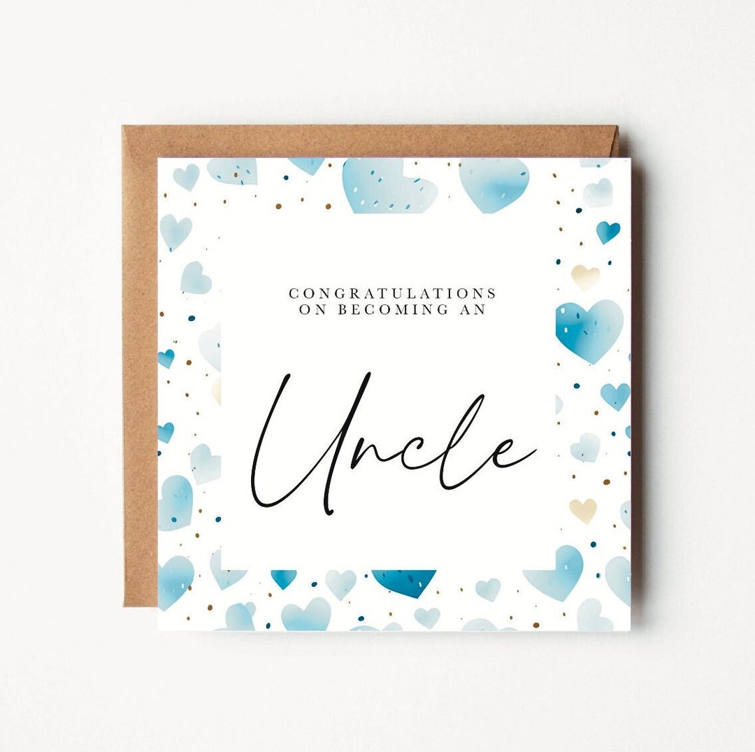 New Uncle Card: Blue Hearts Border, Kraft Envelope - Etsy