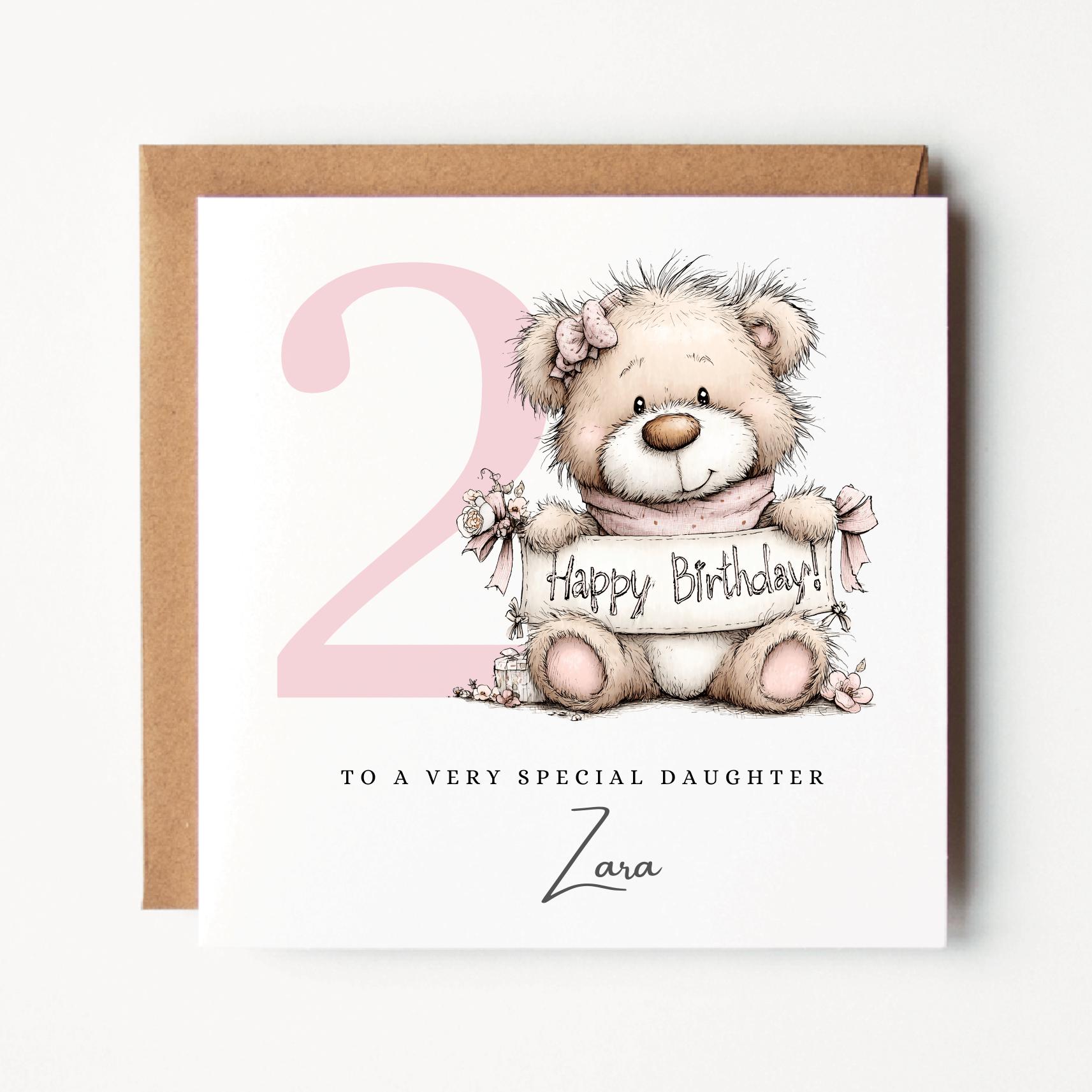 Personalised 2nd Birthday Card Girl, Teddy Bear Birthday Card Age 2 ...