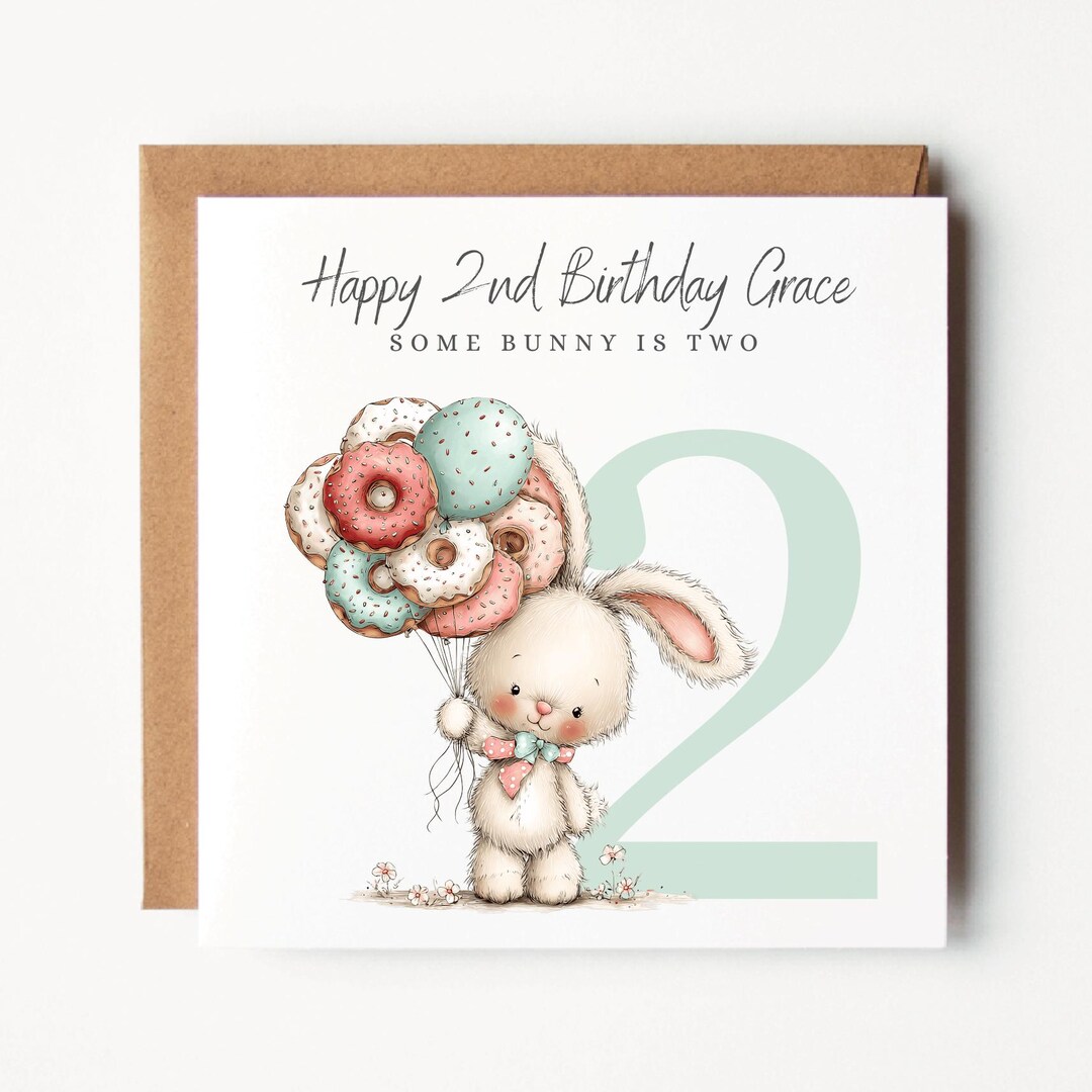 Personalised 2nd Birthday Card Girl, Bunny Birthday Card Age 2, Baby ...