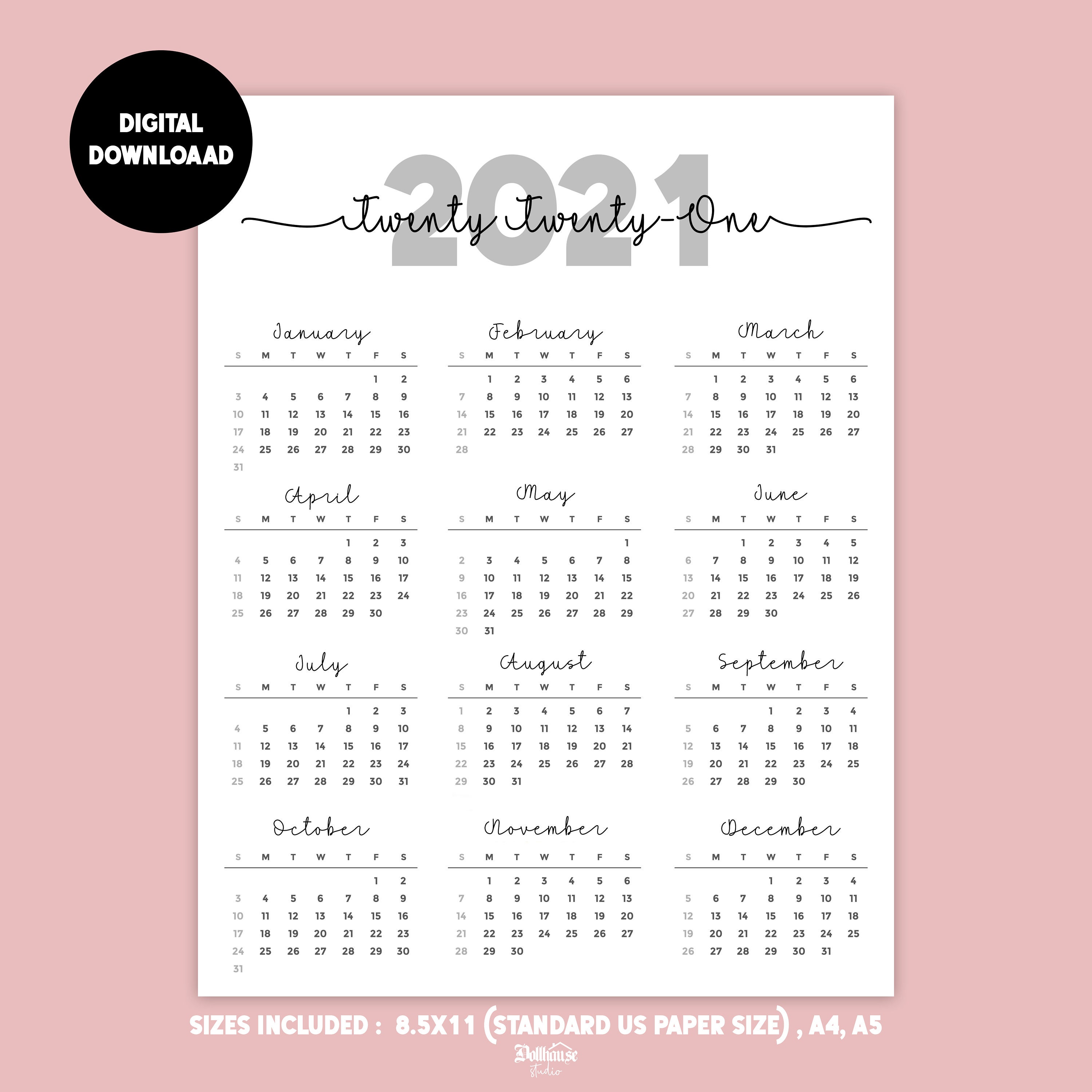 2021 Calendar Digital Download Printable 2021 Calendar PDF | Etsy