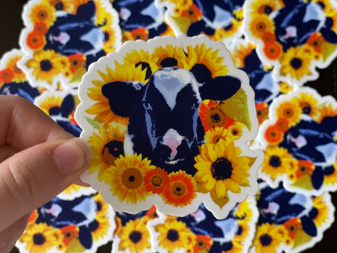 Sunflower Holstein Calf Sticker | Cute Cow Flower Stickers for Water ...