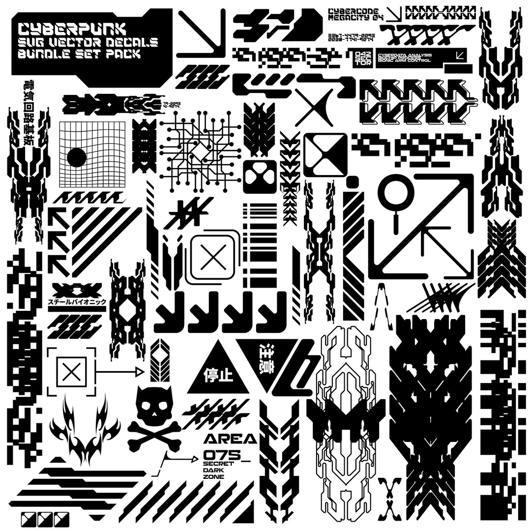 Cyberpunk Vector Element Pack Set (svg), Scifi Hud Decals Graphic Set ...