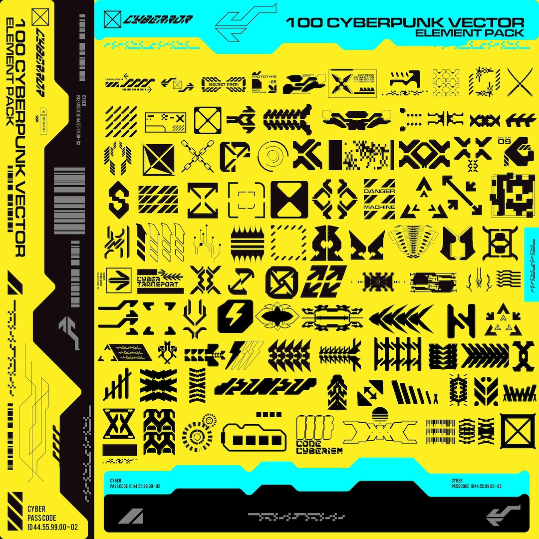 100 Cyberpunk Vector Element Pack Svg, Scifi Hud Decals Graphic Set ...
