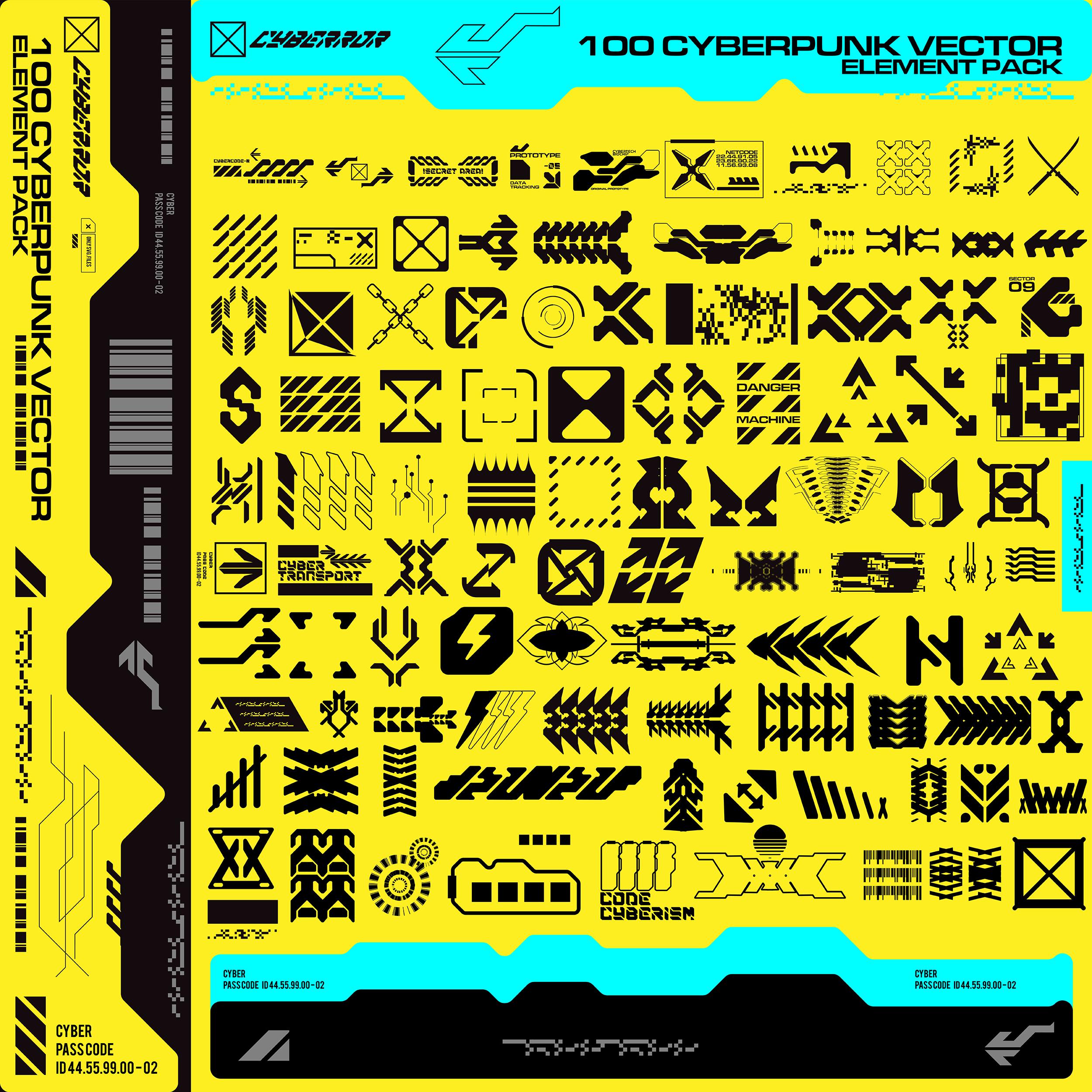 100 Cyberpunk Vector Element Pack Svg, Scifi Hud Decals Graphic Set ...