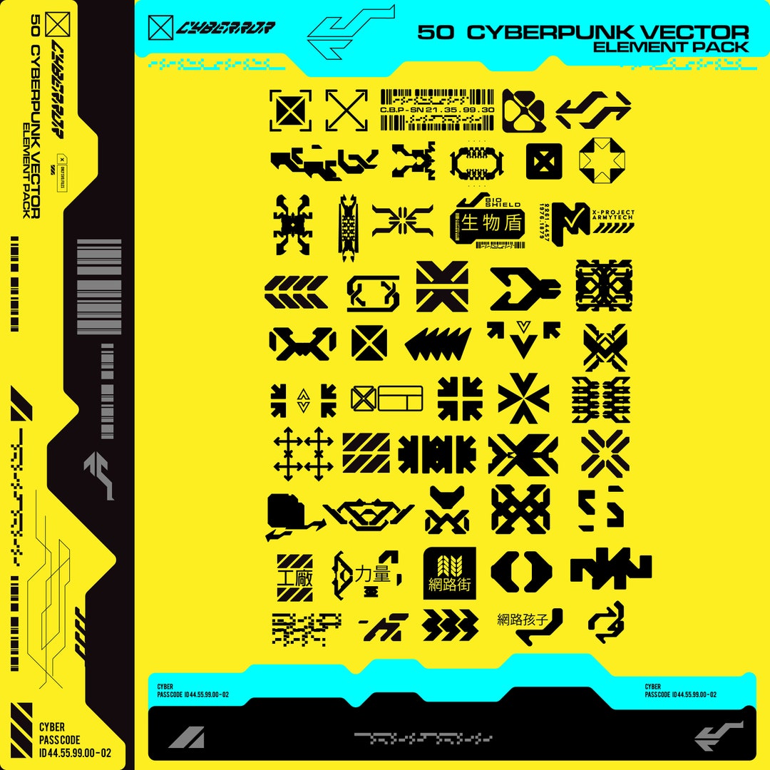50 Cyberpunk Vector Element Pack svg, Scifi Hud Decals Graphic Set ...
