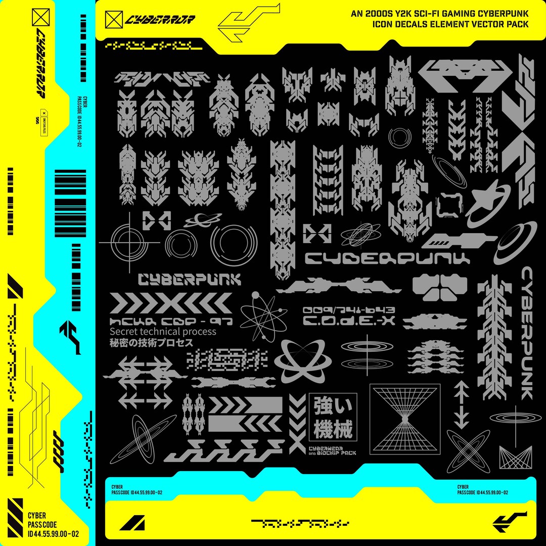 Retro Futuristic 2000s Y2k Sci-fi Gaming Cyberpunk Decals Element Vector Pack Bundle, a SVG ...