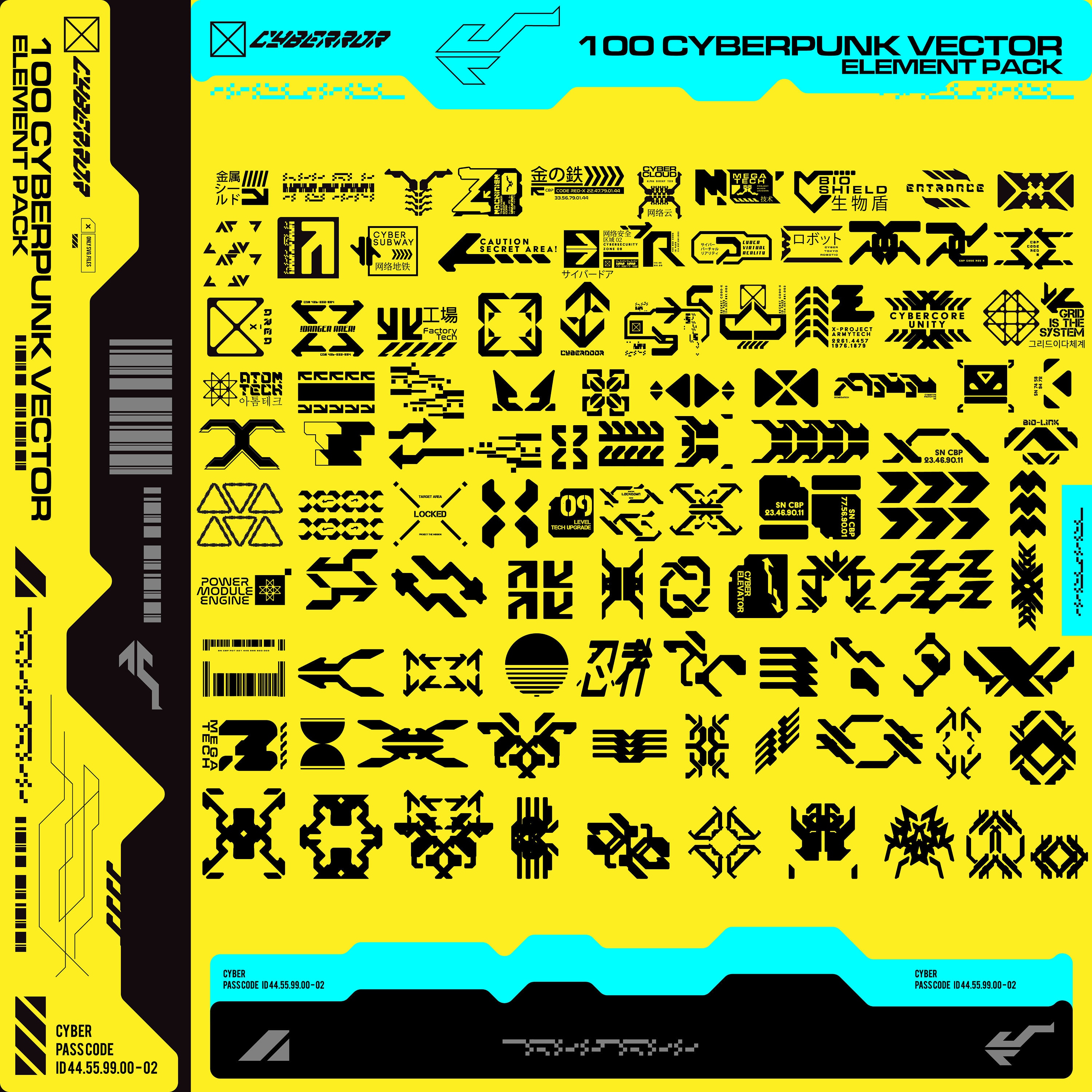 100 Cyberpunk Vector Element Pack (svg), Scifi Hud Decals Graphic Set ...