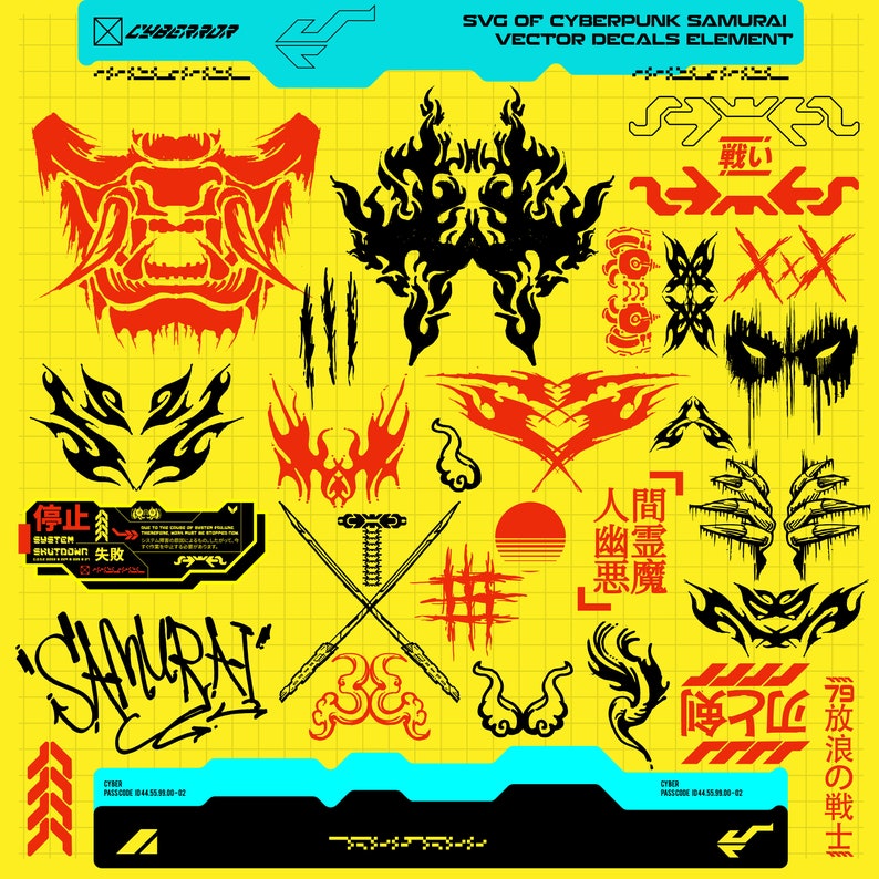 Set and Collection of Japanese Samurai in Cyberpunk Gaming Sci-fi and ...