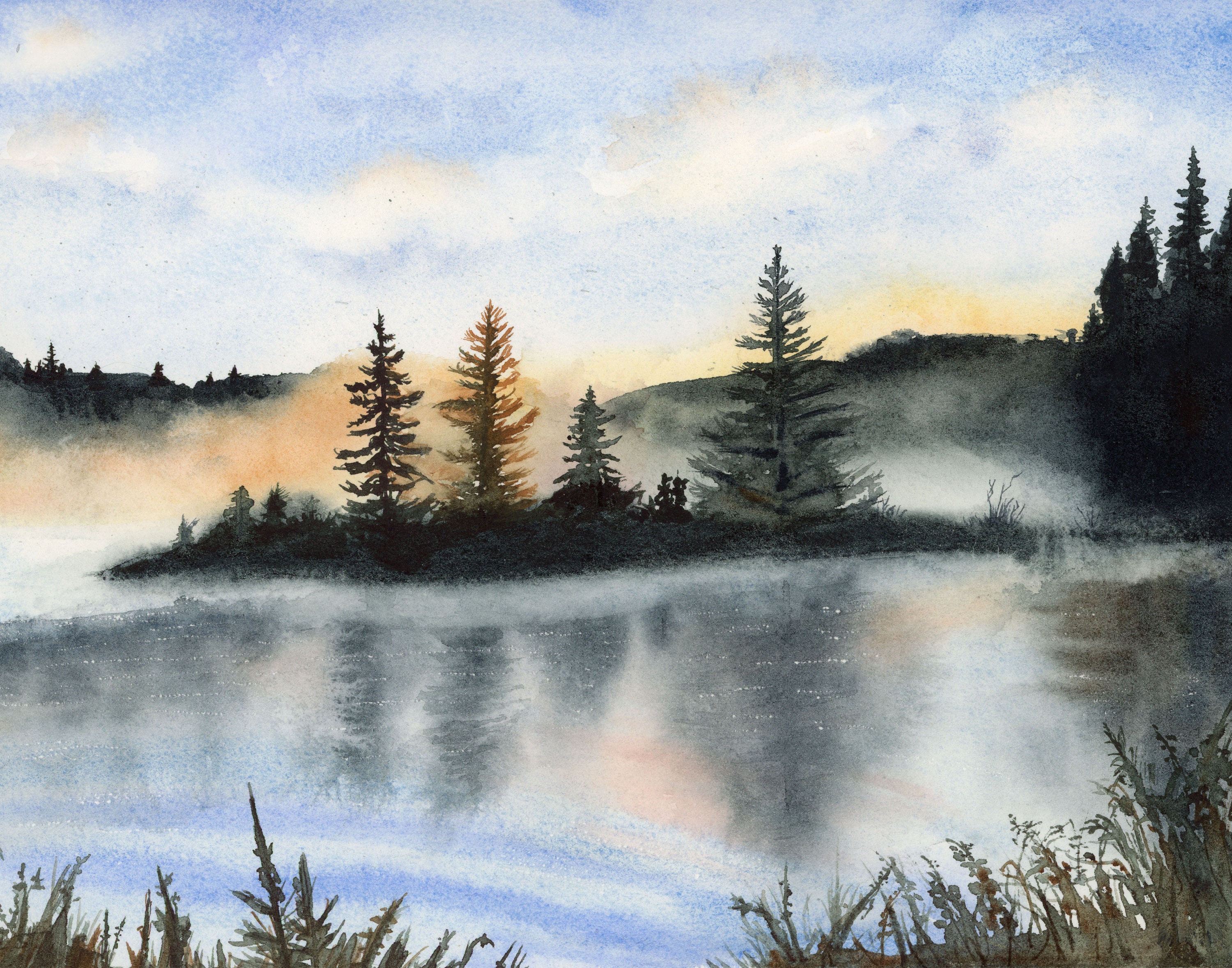 Misty Morning Lake Scene Art Print, Watercolor Landscape Painting ...