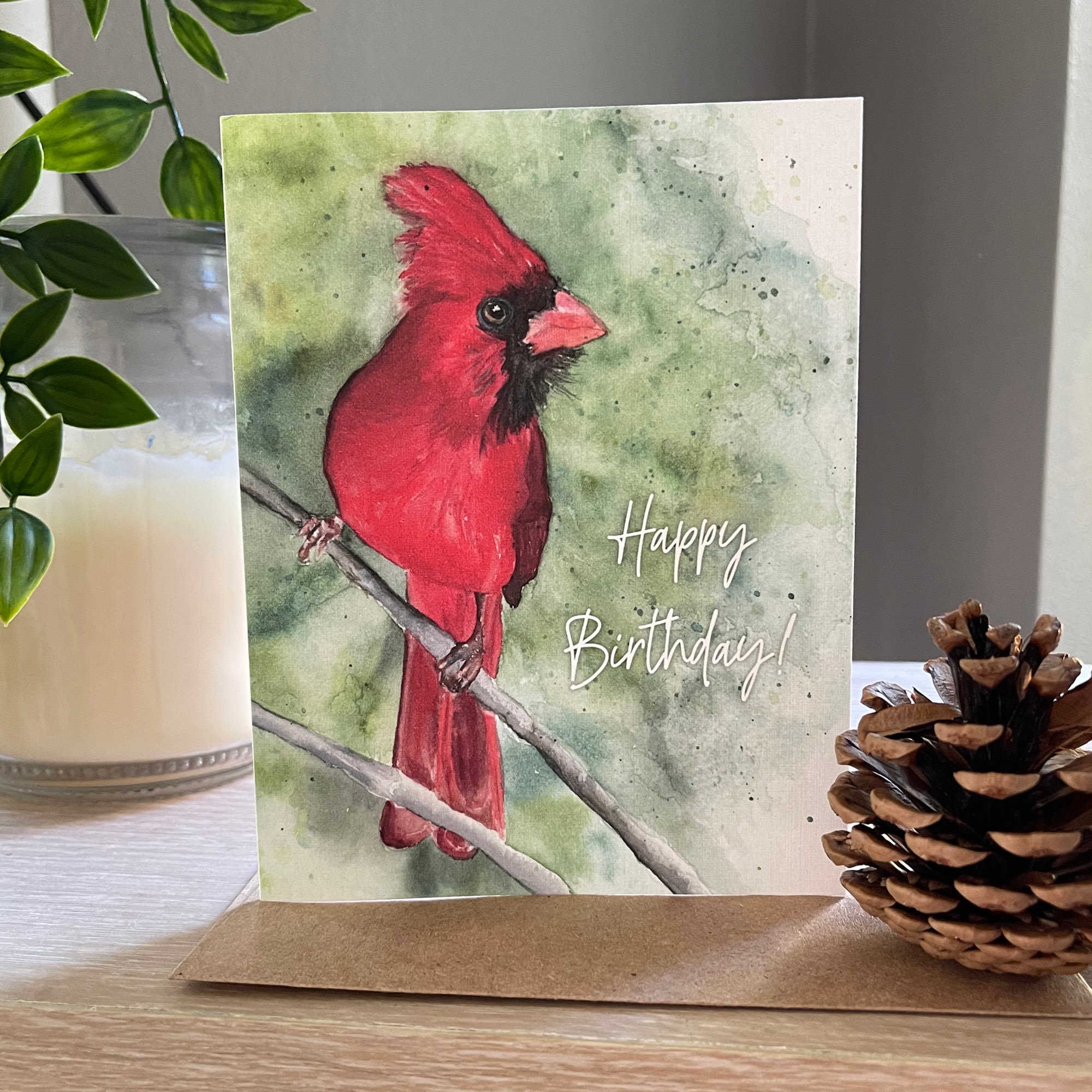 Cardinal Birthday Greeting Card, Watercolor Art Illustrated Happy ...
