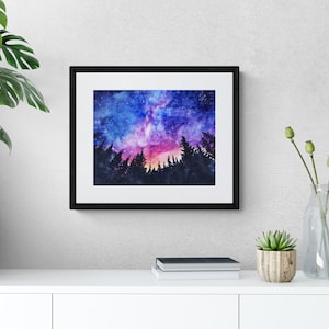 Starry Night Sky Galaxy Watercolor Art Print, Milky Way Over Pine Tree ...