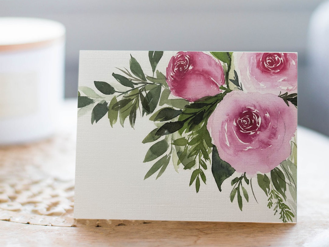 Pink Rose Greeting Card, Watercolor Art Illustrated Flower Notecard ...
