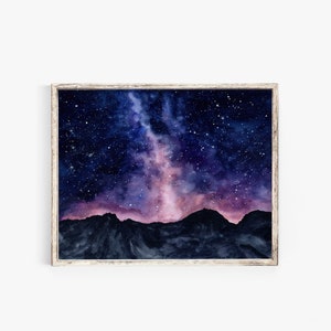 Starry Night Sky Galaxy Watercolor Art Print, Milky Way Over Mountain ...