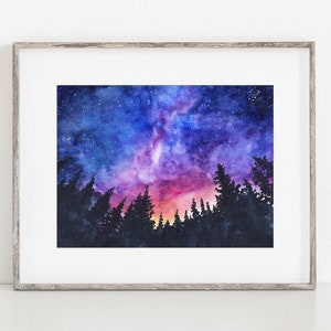 Starry Night Sky Galaxy Watercolor Art Print, Milky Way Over Pine Tree ...