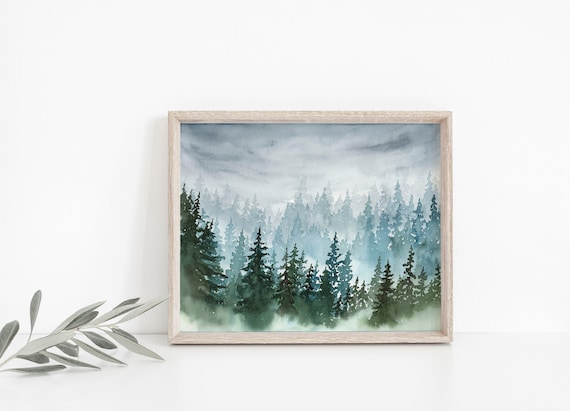 Foggy Pine Tree Forest Watercolor Art Print Peaceful Misty - Etsy