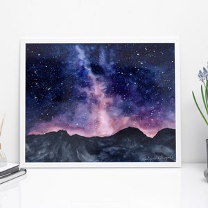 Starry Night Sky Galaxy Watercolor Art Print, Milky Way Over Mountain ...