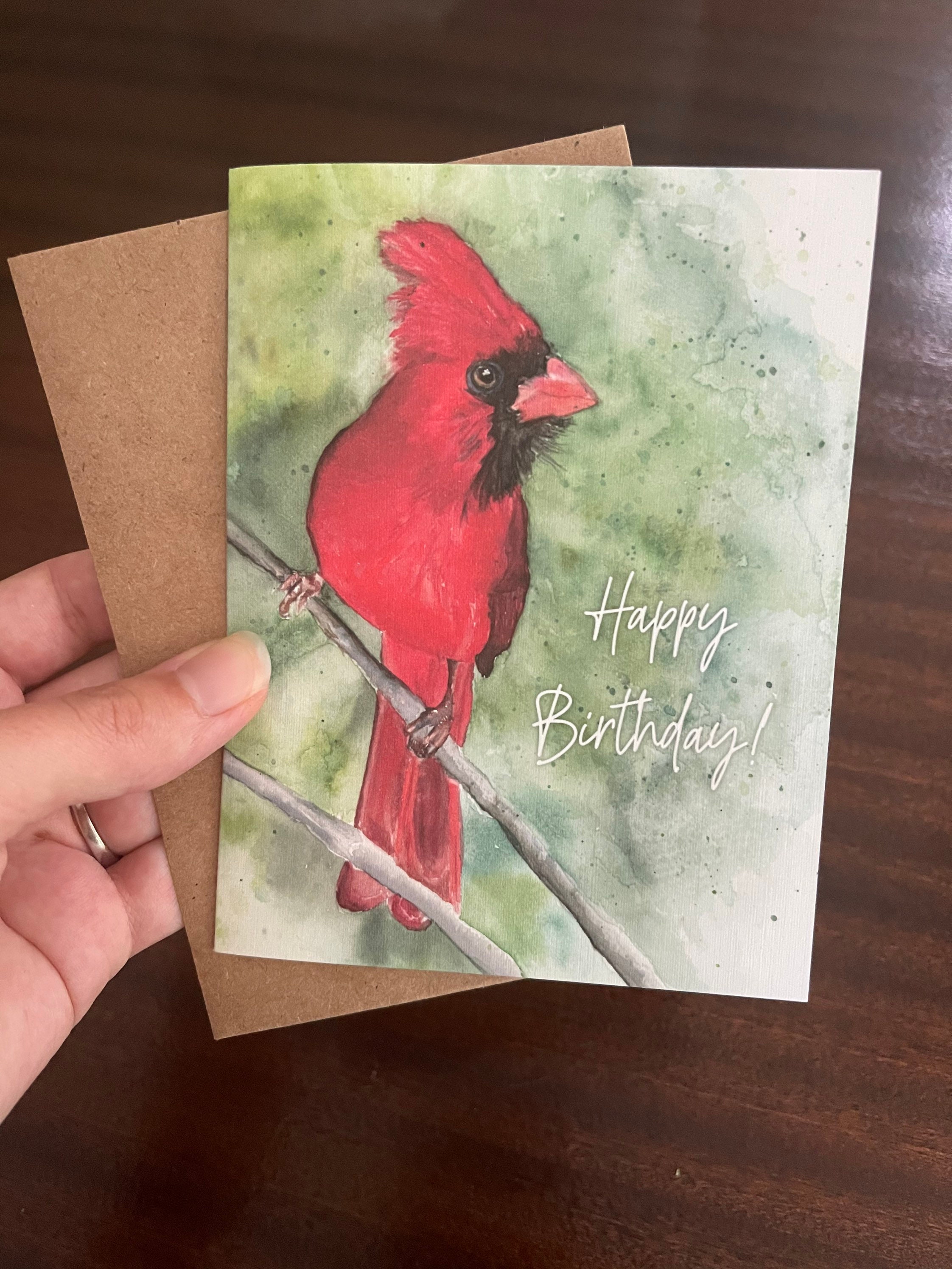 Cardinal Birthday Greeting Card, Watercolor Art Illustrated Happy ...