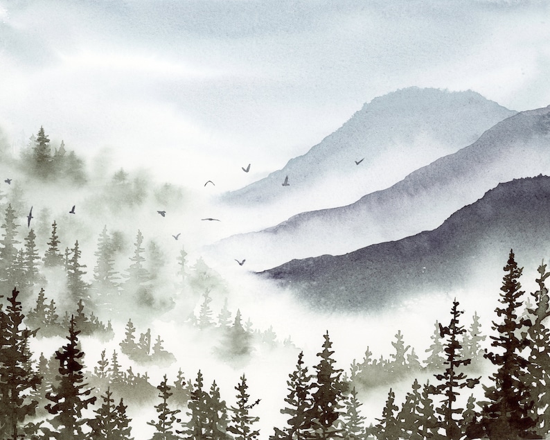Misty Mountains Watercolor Art Print Landscape Painting - Etsy