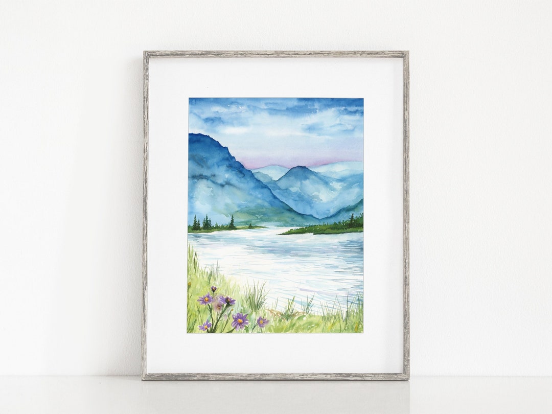 Lakeside Flowers Watercolor Art Print, Blue Mountain Lake, Soft ...