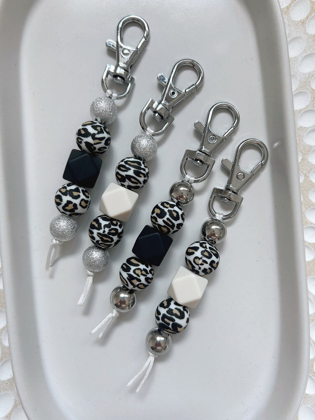 Mini Snow Leopard Luxe Silicone Bead Keyring Black Linen Stardust Silver Shiny Silver - Etsy